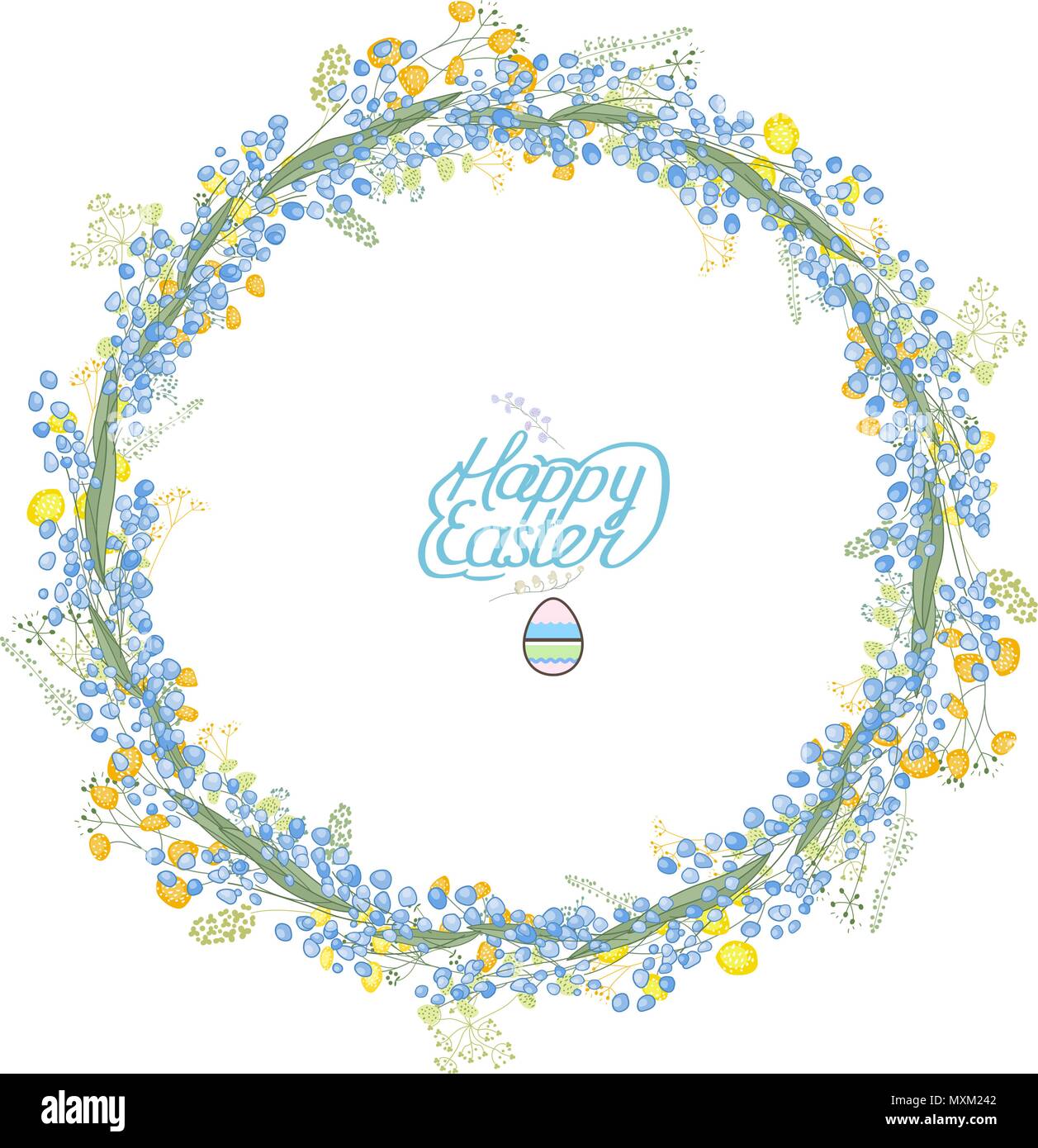 Round garland with spring flowers muscari and mimosa. Decorative season ...