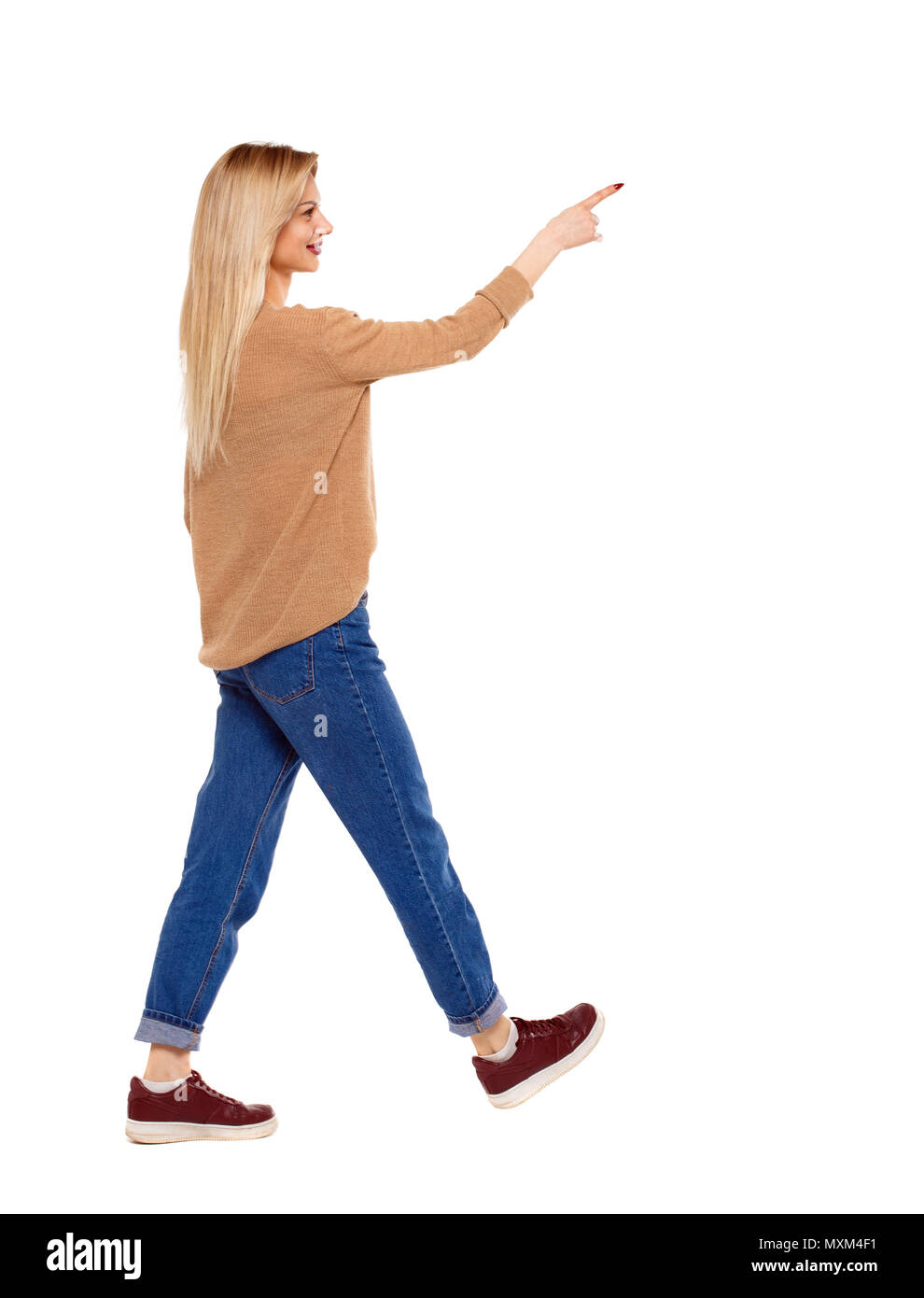 Side view of a girl walking with a pointing hand. going girl showing ...