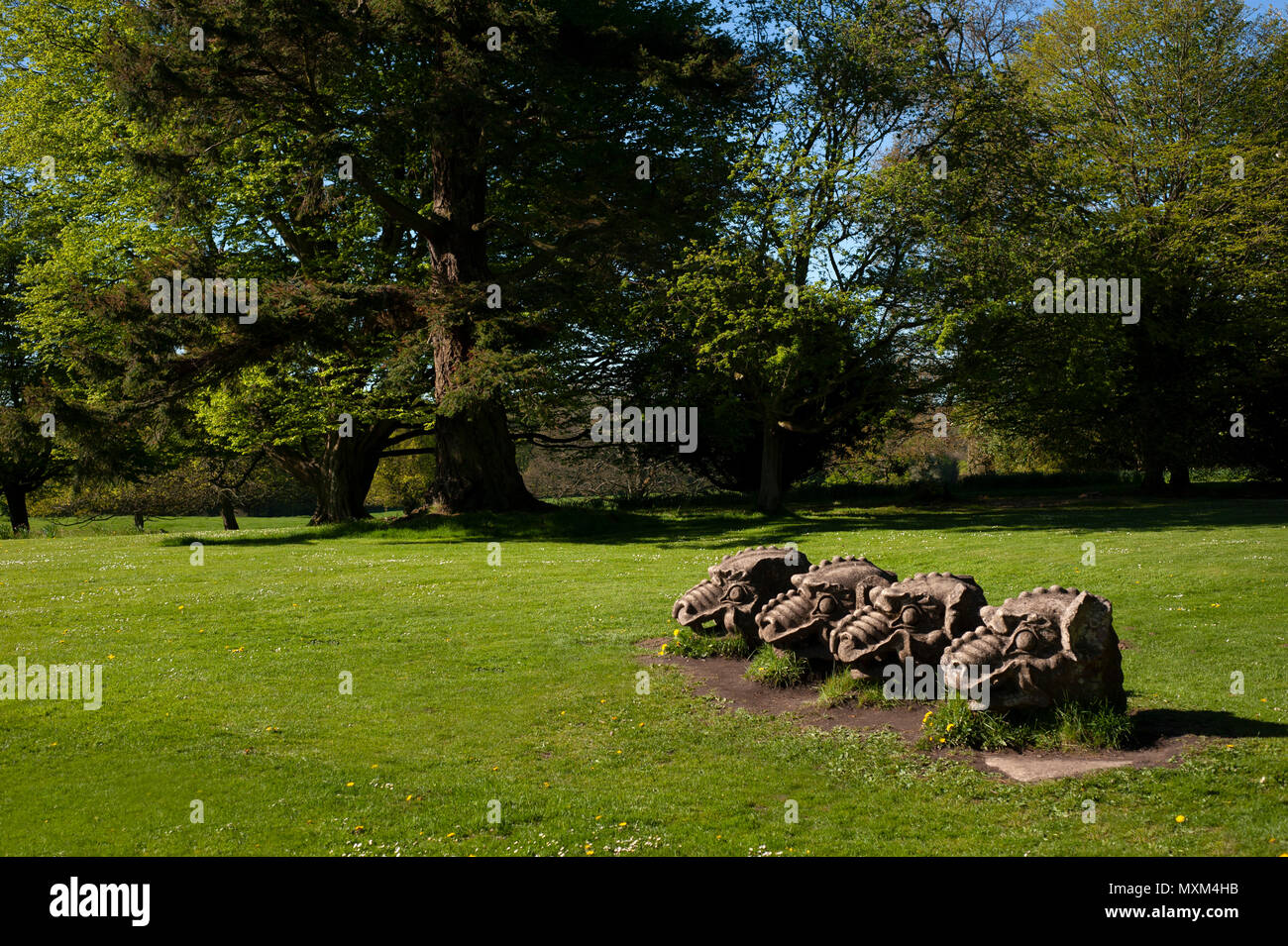 Carved griffin heads outside Wallington Hall, Northumberland Stock ...