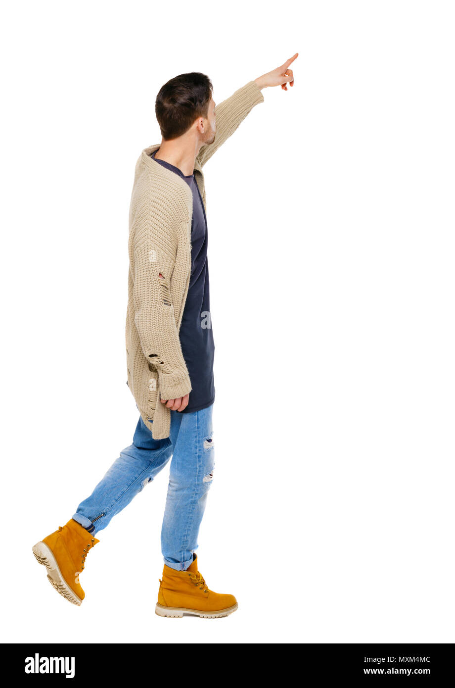 Side view of a man walking with a pointing hand. going guy showing ...