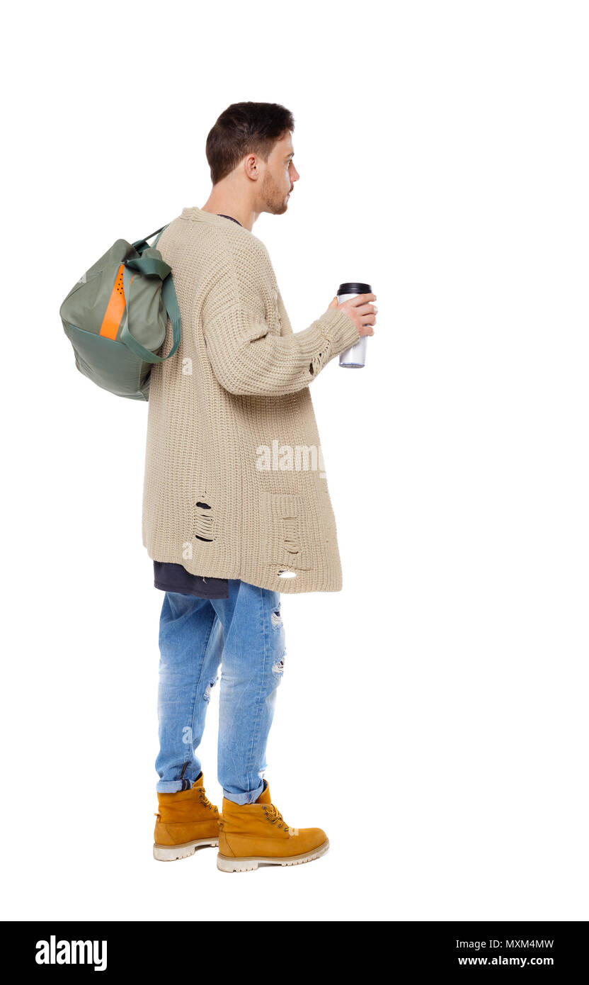 Back view of walking man with coffee cup and bag. backside view of ...