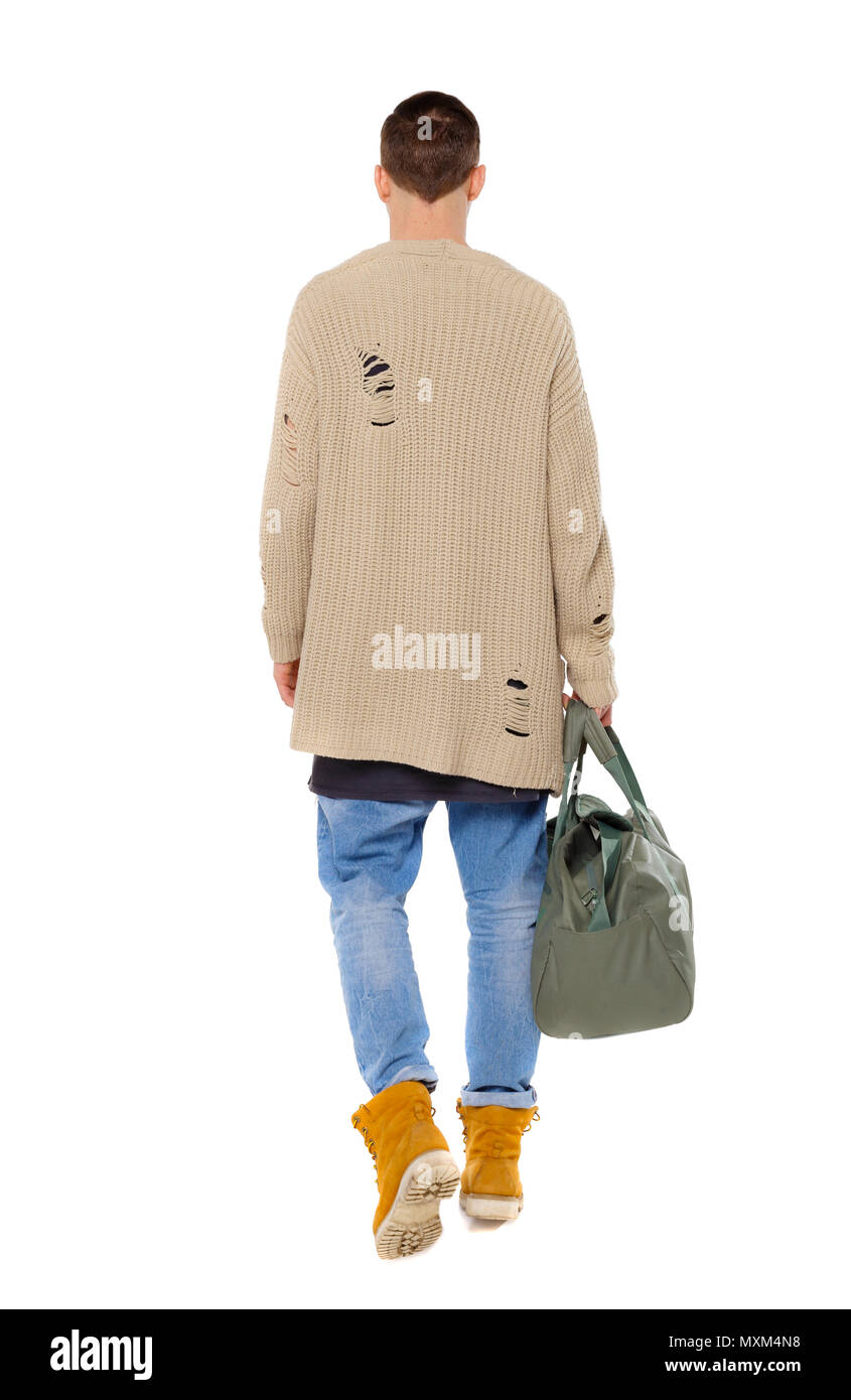 back view of walking man with green bag. backside view of person. Rear ...