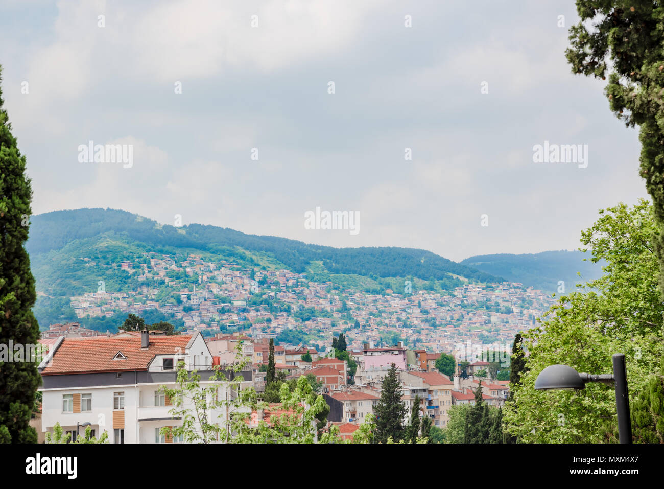 Panoramic Aerial cityscape view of Bursa city center with a blue sky ...