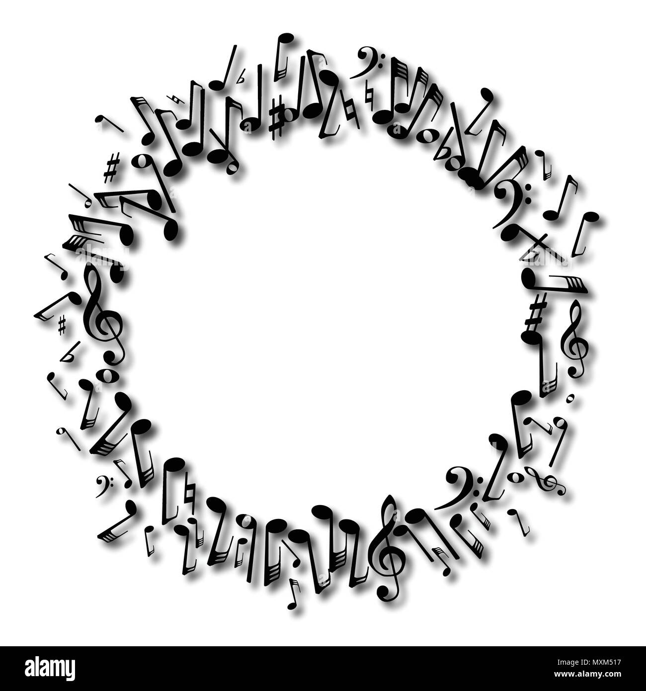 A circle of black mucical notes set over a white background Stock ...