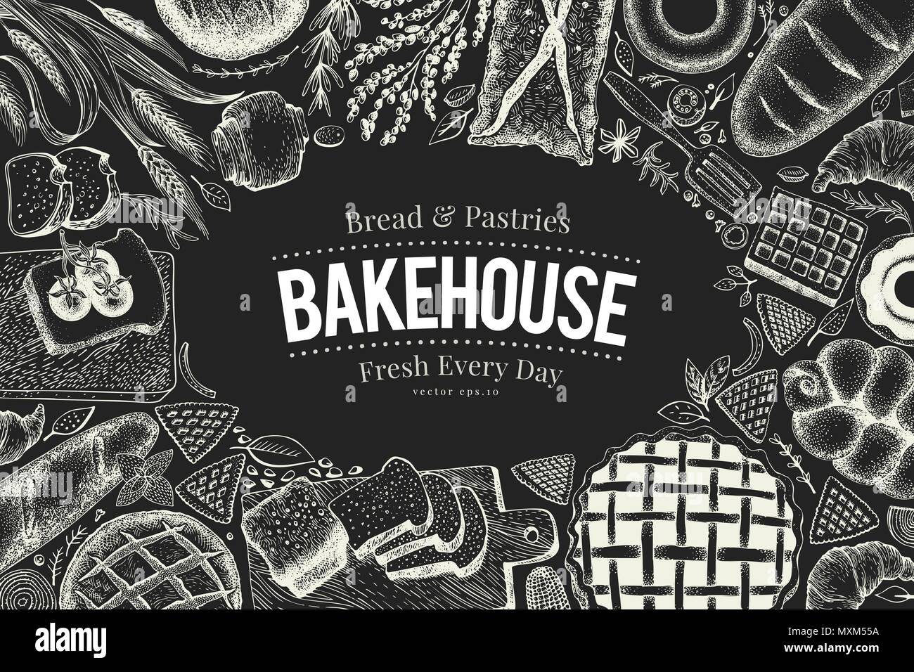 Bakery top view frame on chalk board. Hand drawn vector illustration ...