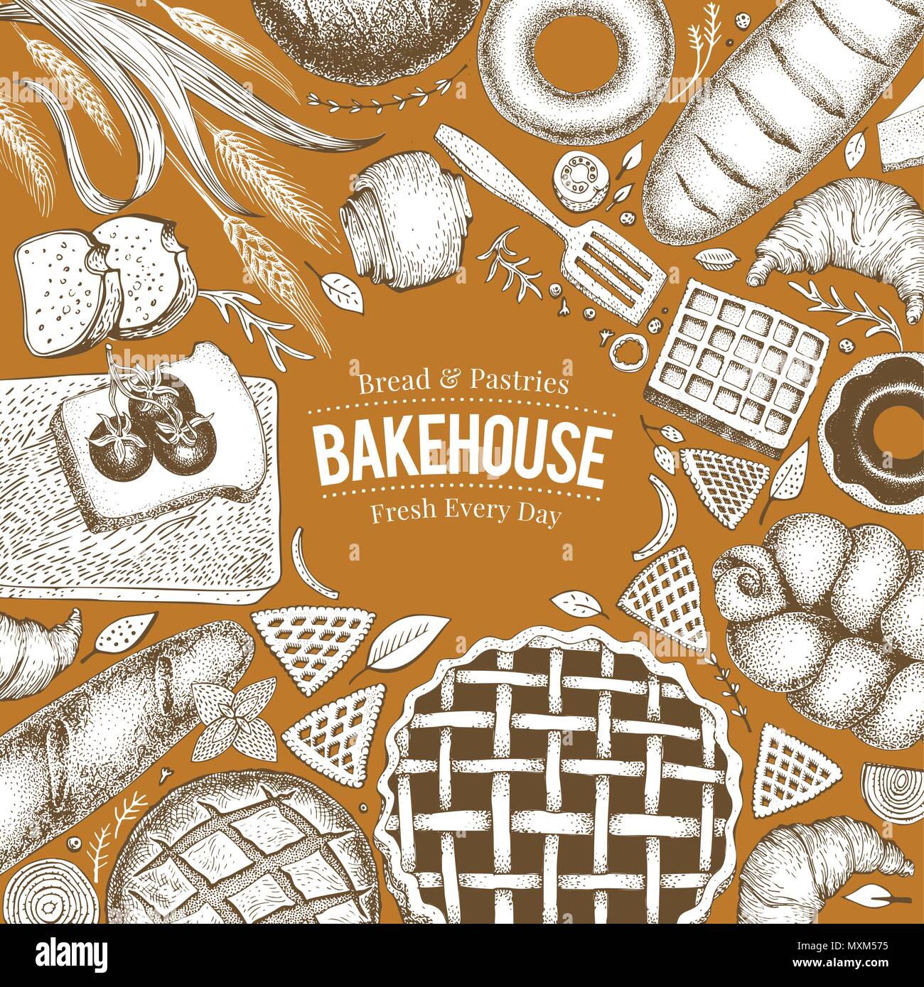 Bakery top view frame. Hand drawn vector illustration with bread and ...