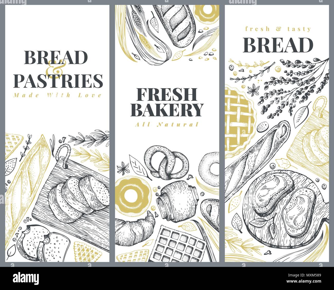 Bakery top view design templates. Hand drawn vector illustration with ...