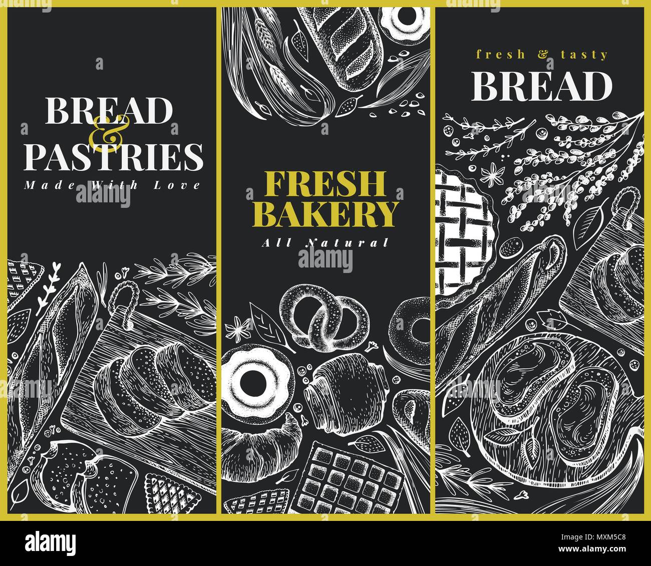 Bakery top view design templates. Hand drawn vector illustration with ...