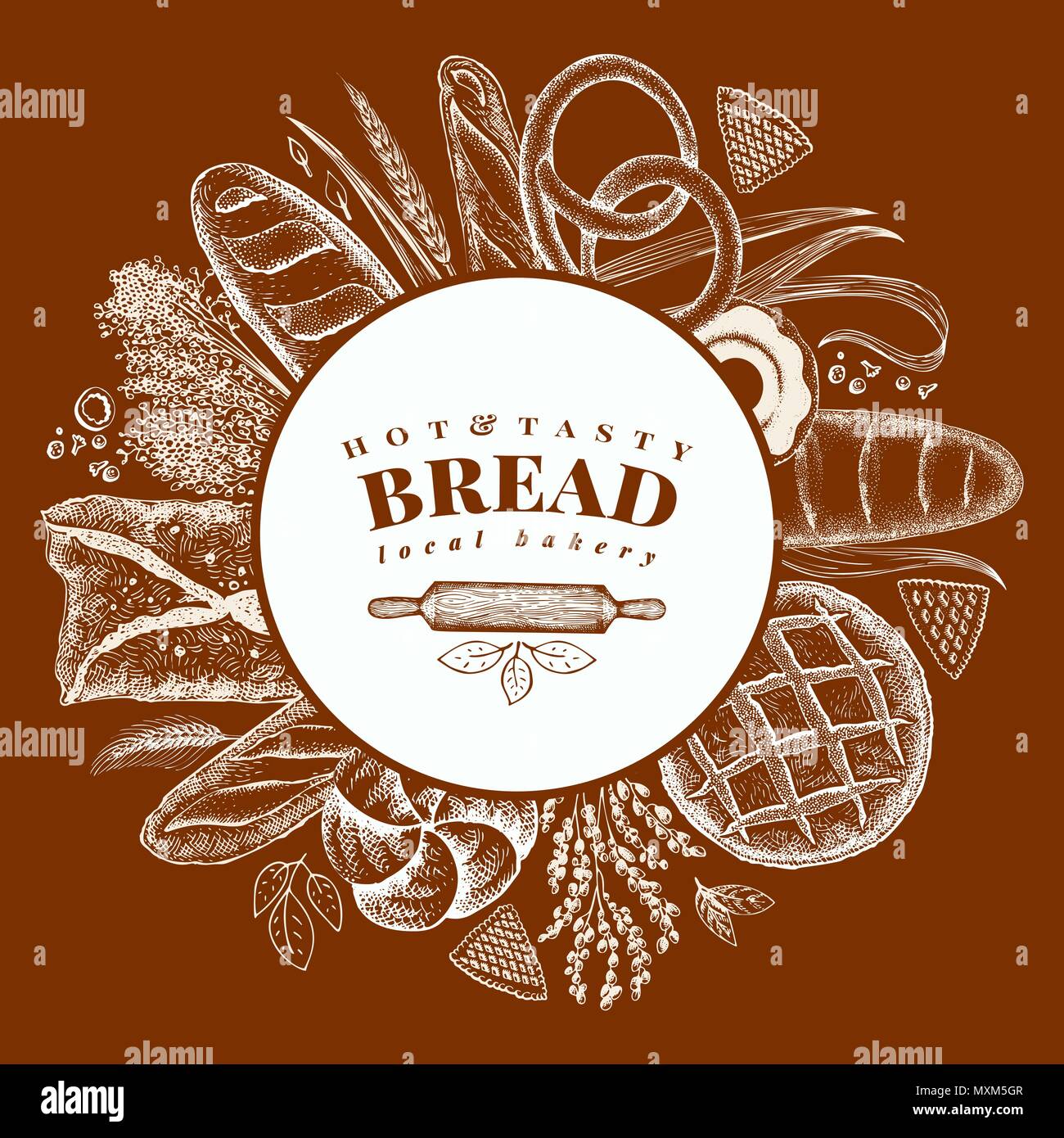 Vector bakery hand drawn illustration. Background with bread and pastry ...