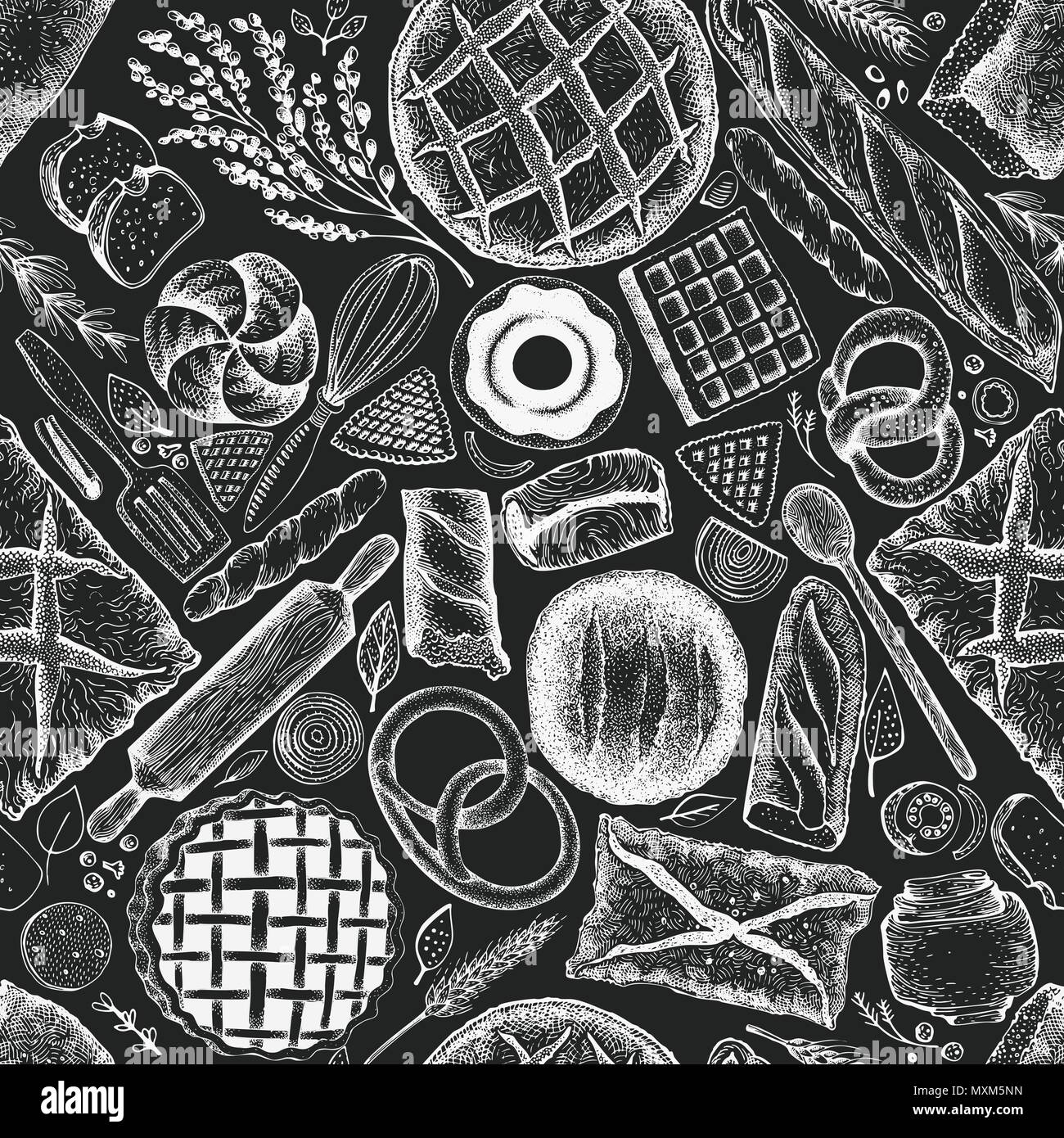 Bakery top view background. Hand drawn vector seamless pattern with ...