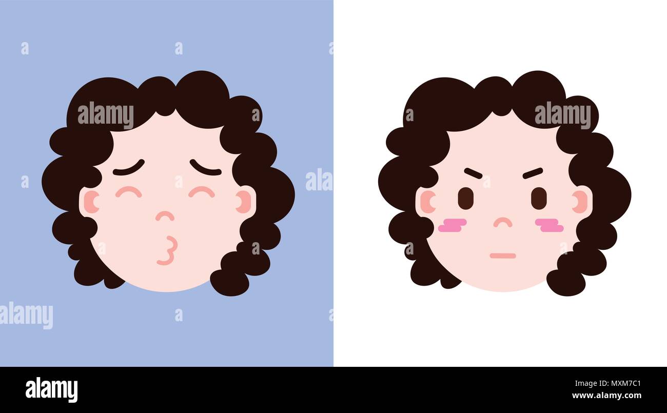 set girl head emoji personage icon with facial emotions, avatar ...