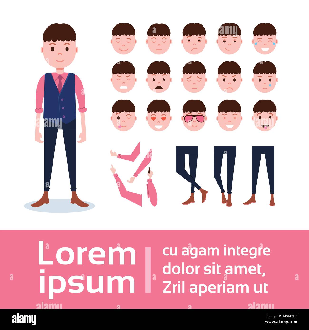 boy character constructor set of various male emotion faces, hands ...