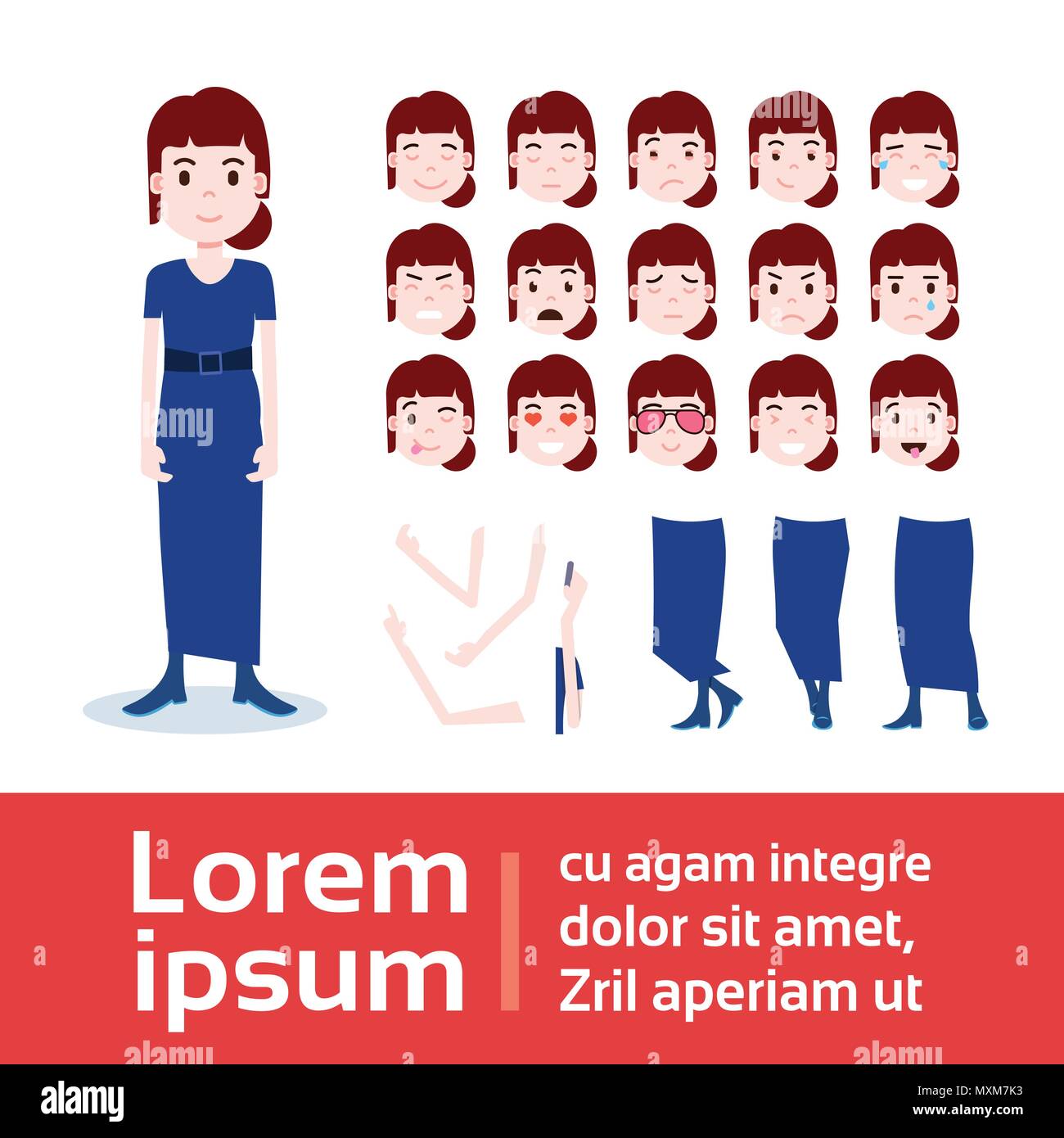 girl character constructor set of various female emotion faces, hands ...