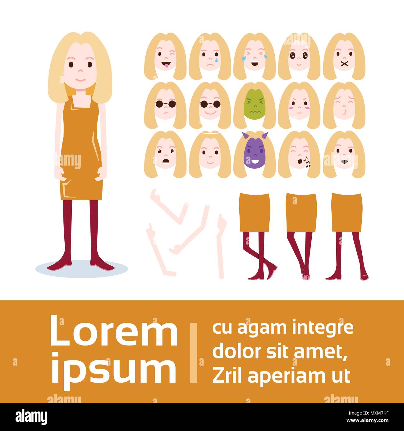 Girl Character Constructor Set Of Various Female Emotion Faces Hands Legs Body Parts Template