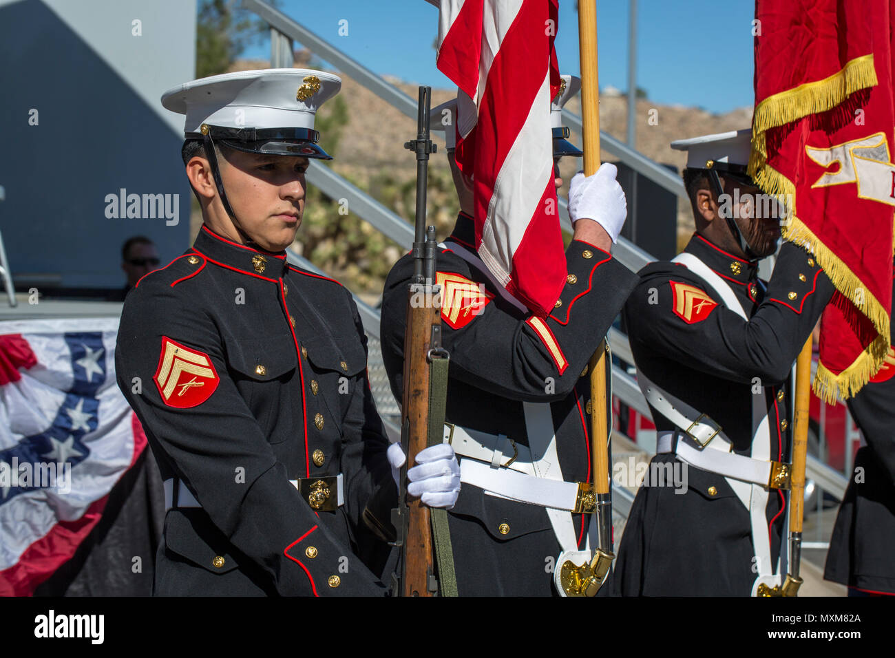 The Headquarters Battalion Color Guard presents the national and Marine ...