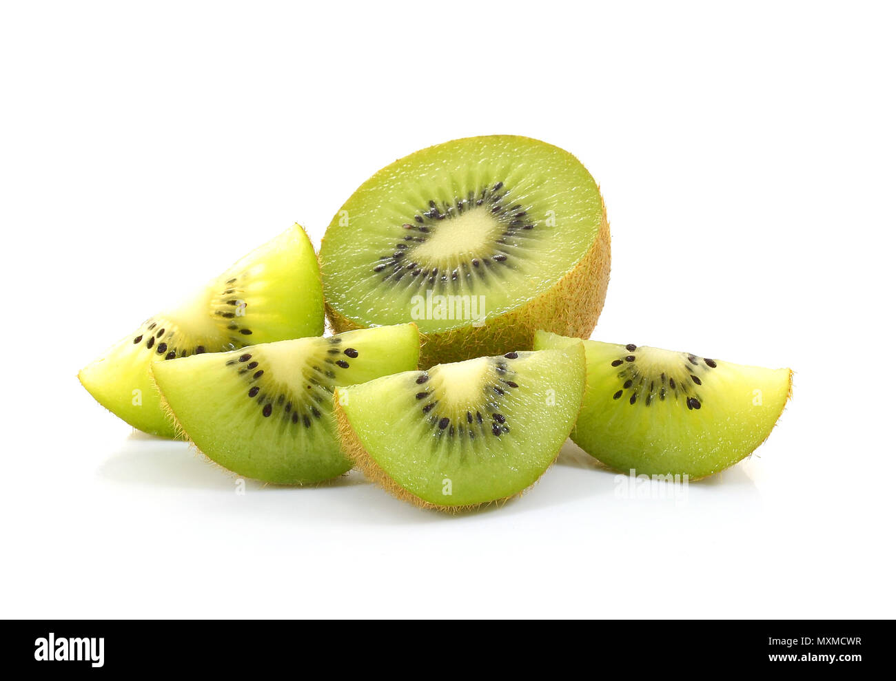Whole kiwi fruit and his sliced segments isolated on white background ...