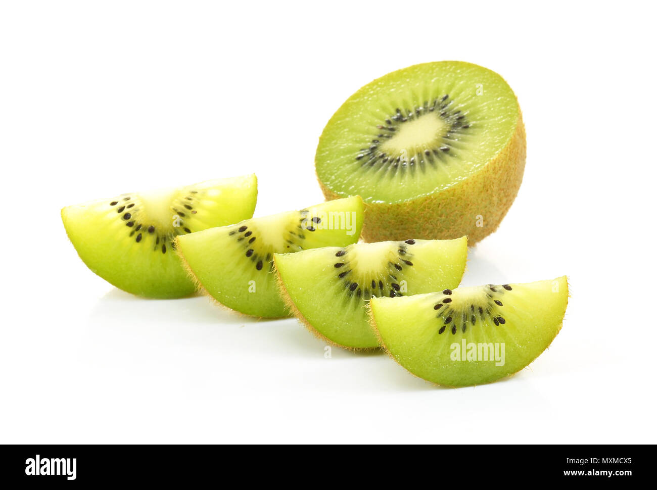 Whole kiwi fruit and his sliced segments isolated on white background ...