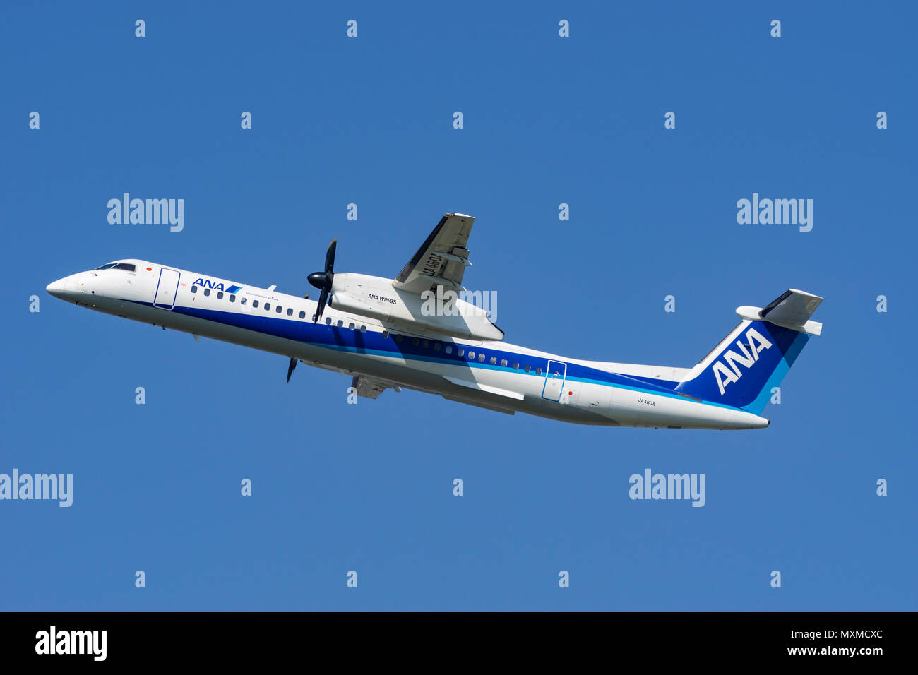 OSAKA, JAPAN - APR. 28, 2018: Bombardier DHC-8-400 Dash 8 taking off ...