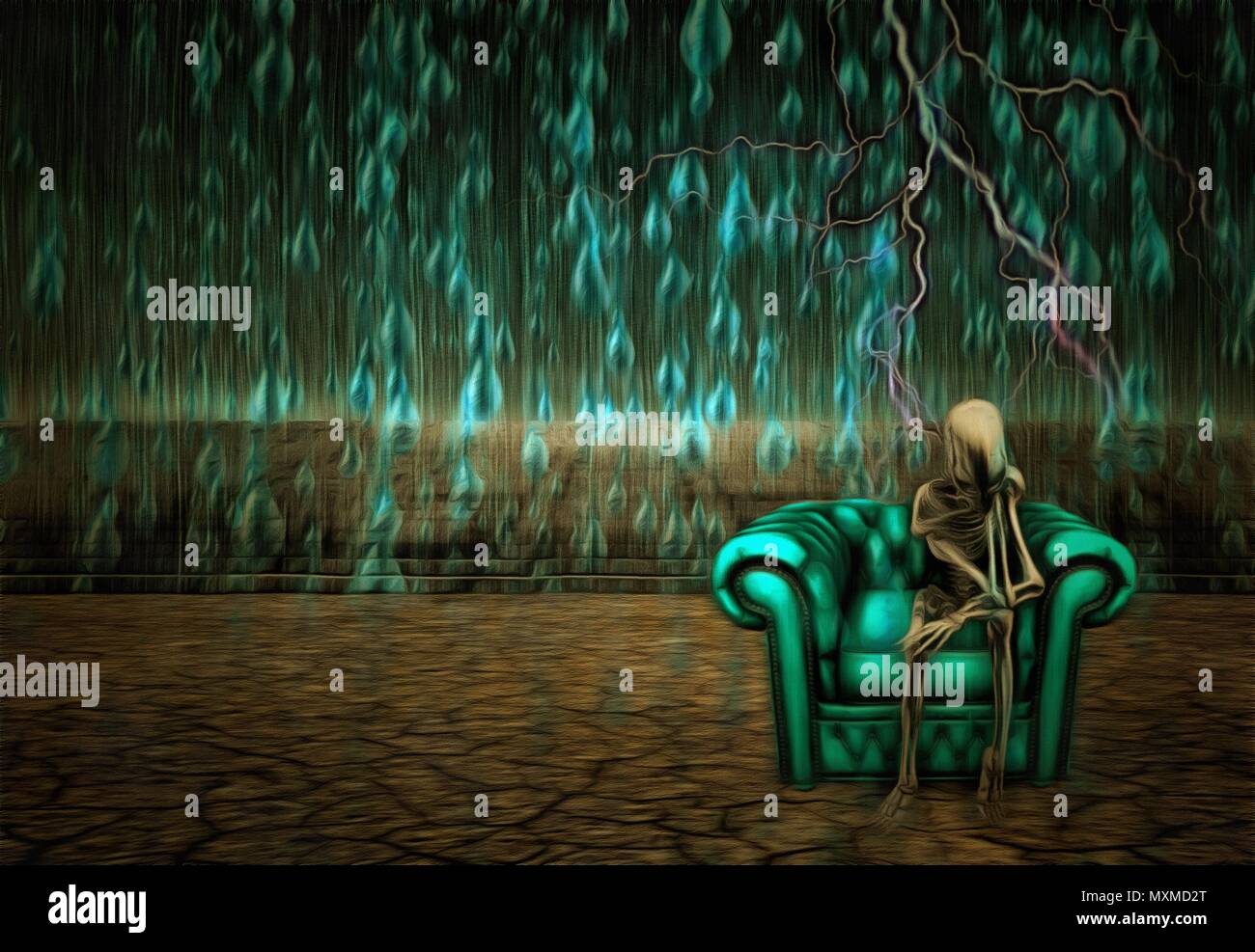 Surreal painting. Alien's skeleton sits on a armchair in pose of ...