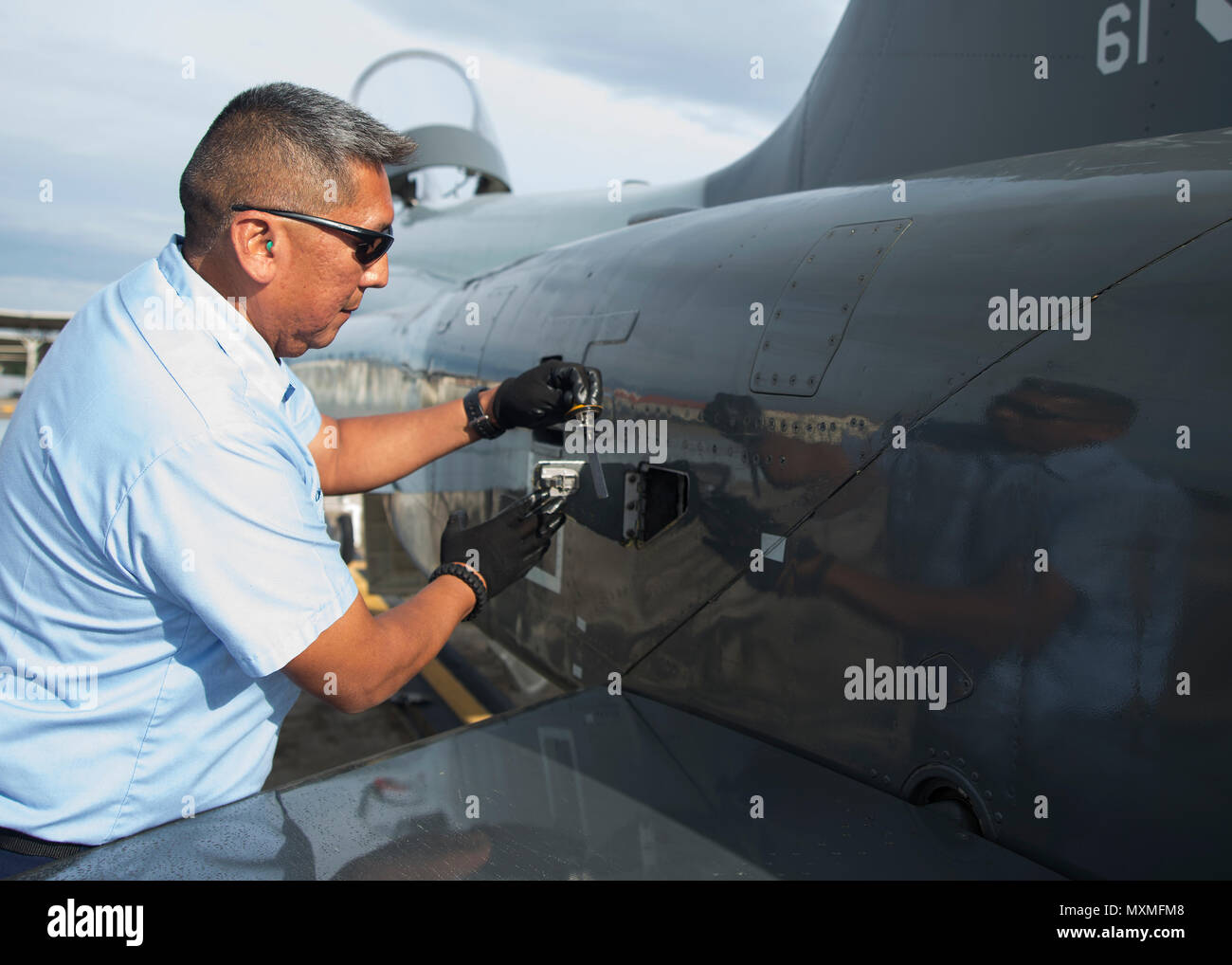 Chris Bahe, 12th Flying Training Wing T-38C Talon II crew chief, checks ...