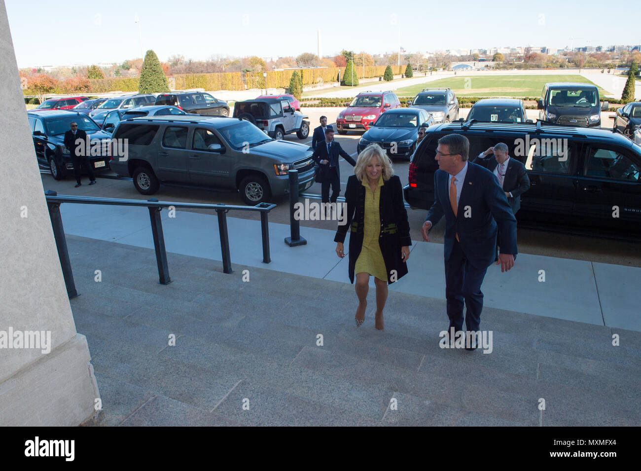 Secretary of Defense Ash Carter greets Dr. Jill Biden during her visit ...