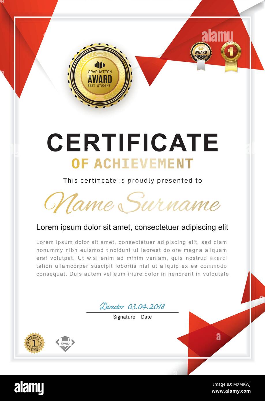 Official white certificate with red triangle design elements, Gold ...