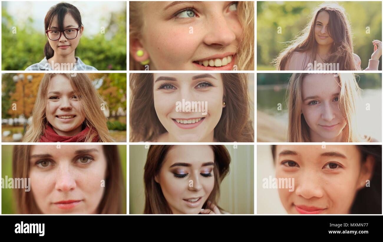 Collage of nine young beautiful girls of Russian and Asian appearance ...
