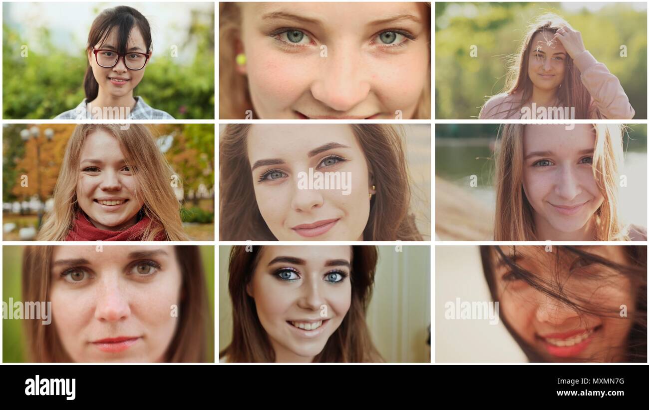 Collage of nine young beautiful girls of Russian and Asian appearance ...