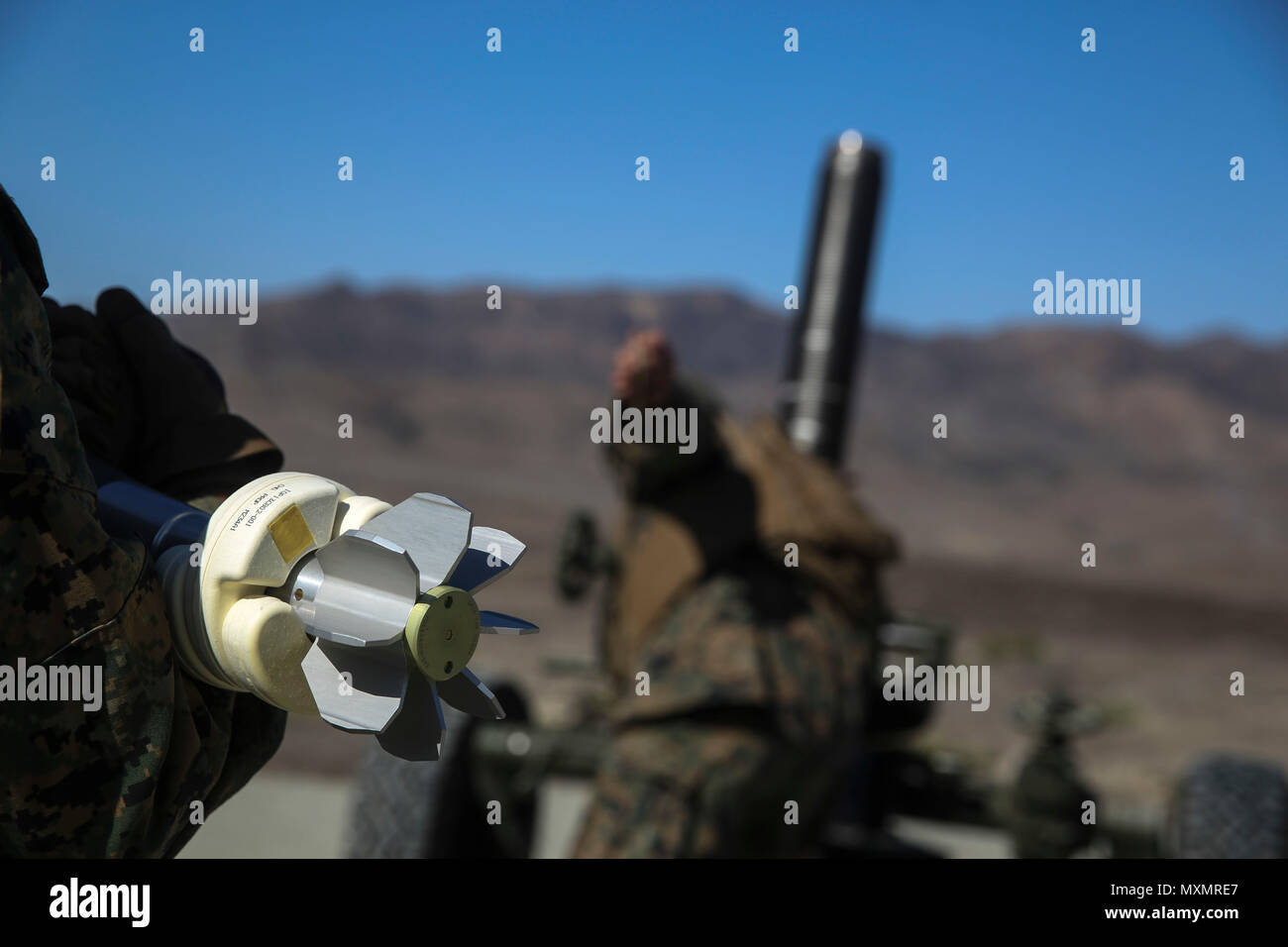 A Marine with Battery B, 1st Battalion, 11th Marine Regiment, hold a ...