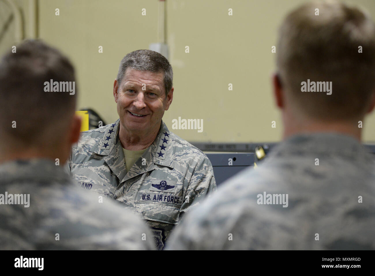 Gen. Robin Rand, AFGSC commander, speaks with maintenance Airmen Nov. 1 ...