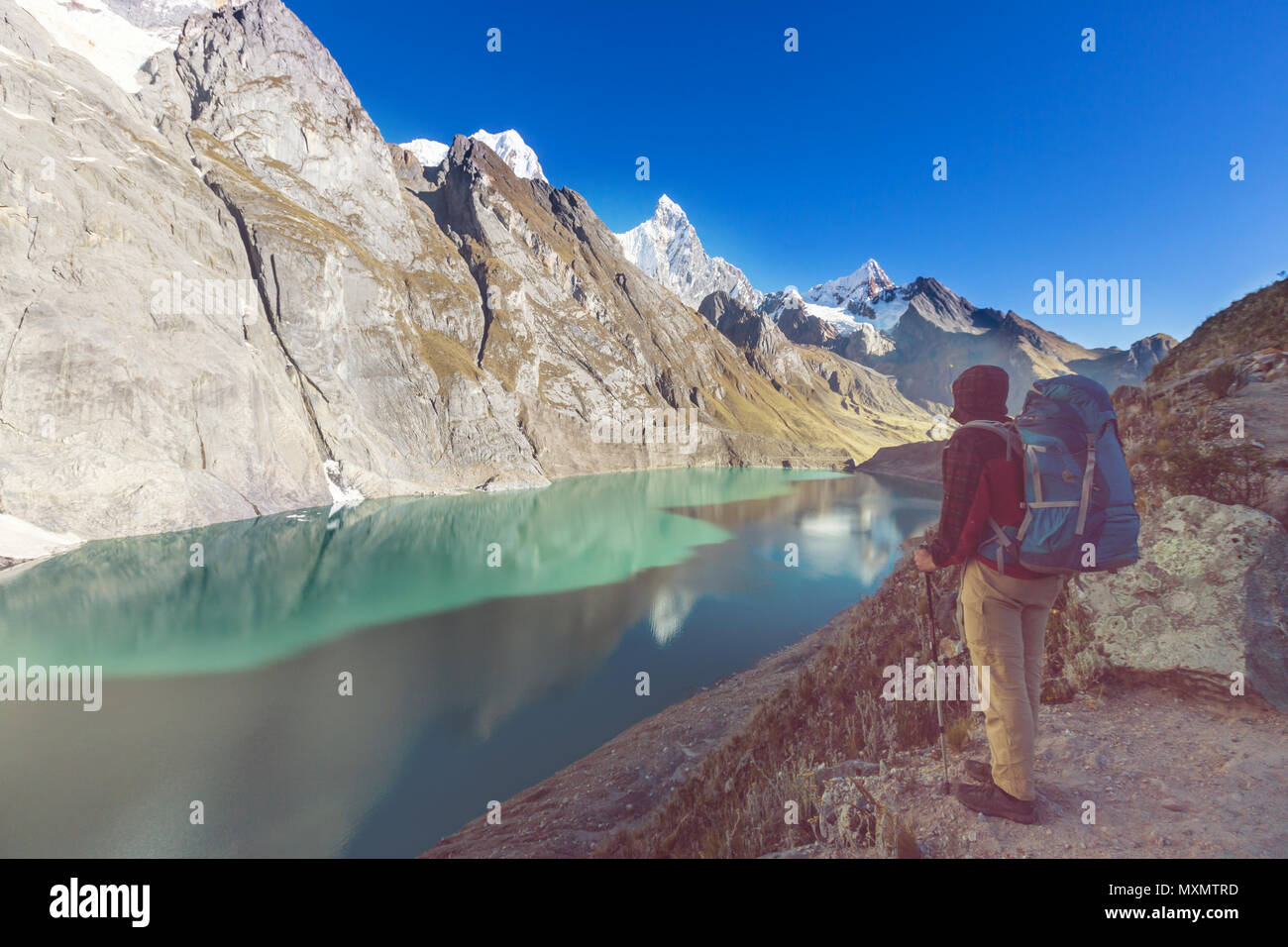 Hiking scene in Cordillera mountains, Peru Stock Photo - Alamy