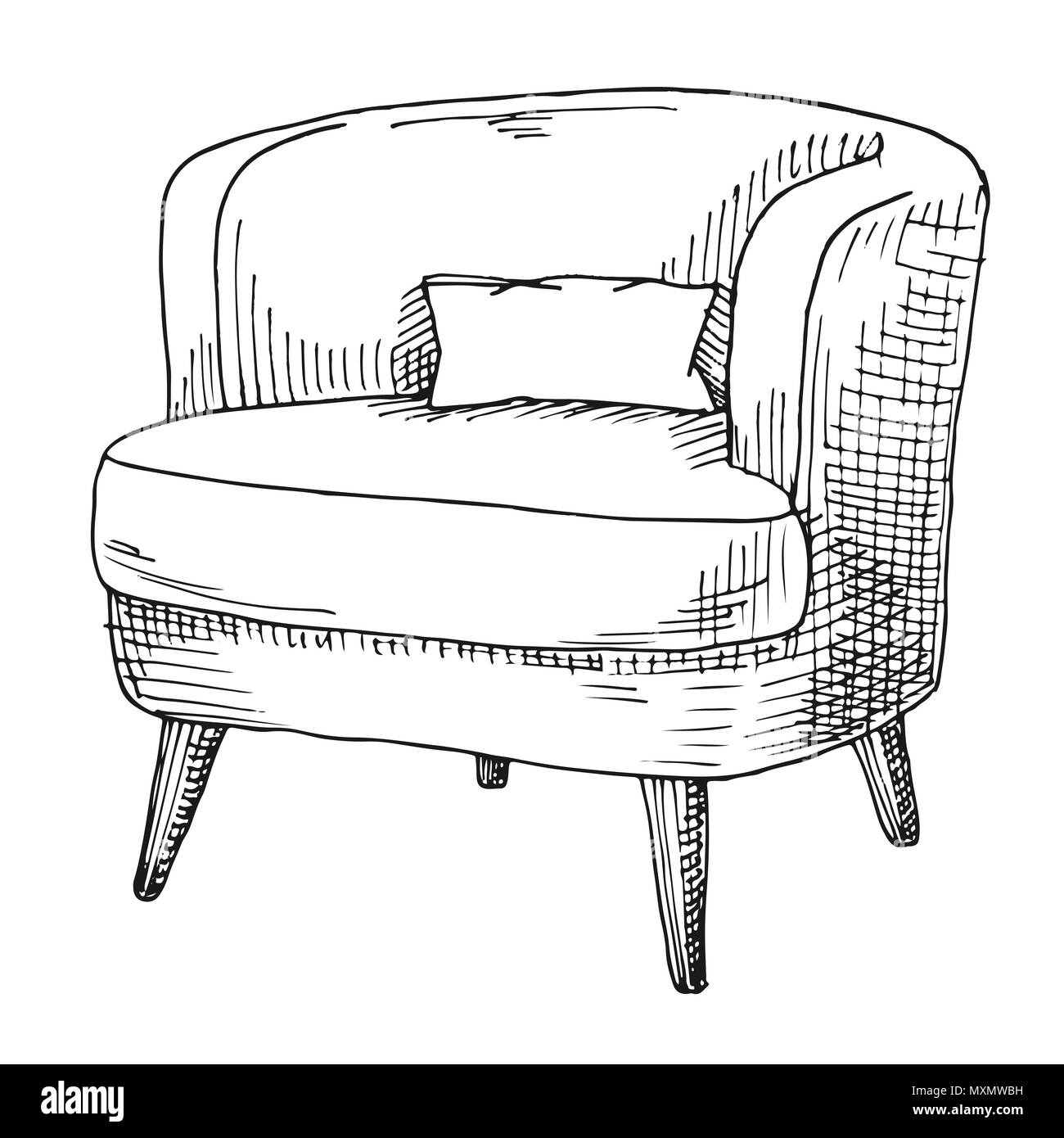 Hand drawn a soft chair with a pillow. Vector illustration in sketch ...