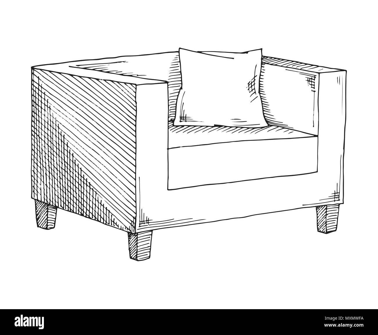Hand drawn a soft chair with a pillow. Vector illustration in sketch ...