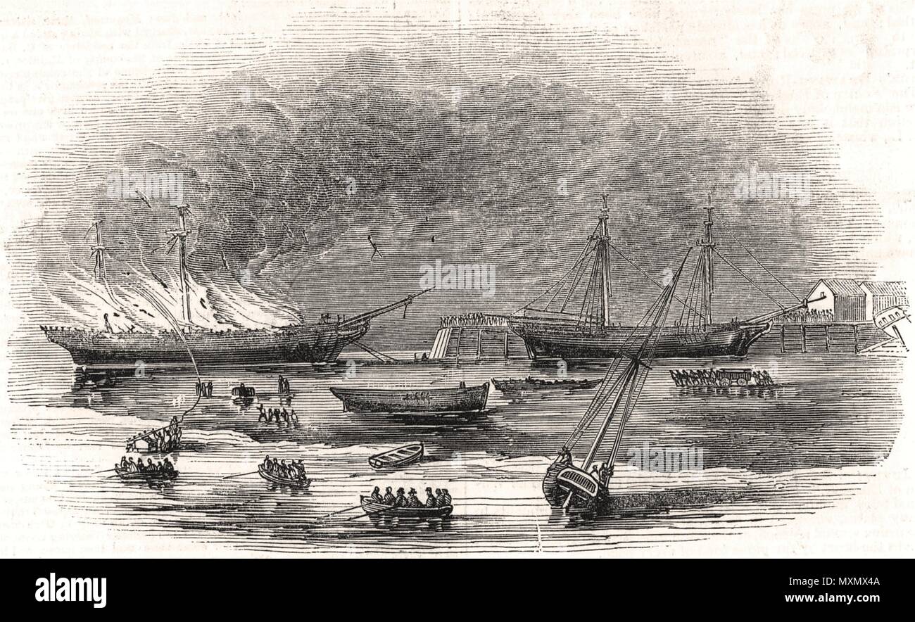 The barque " Cambridge " on fire at Plymouth, Devon. Ships 1844. The ...