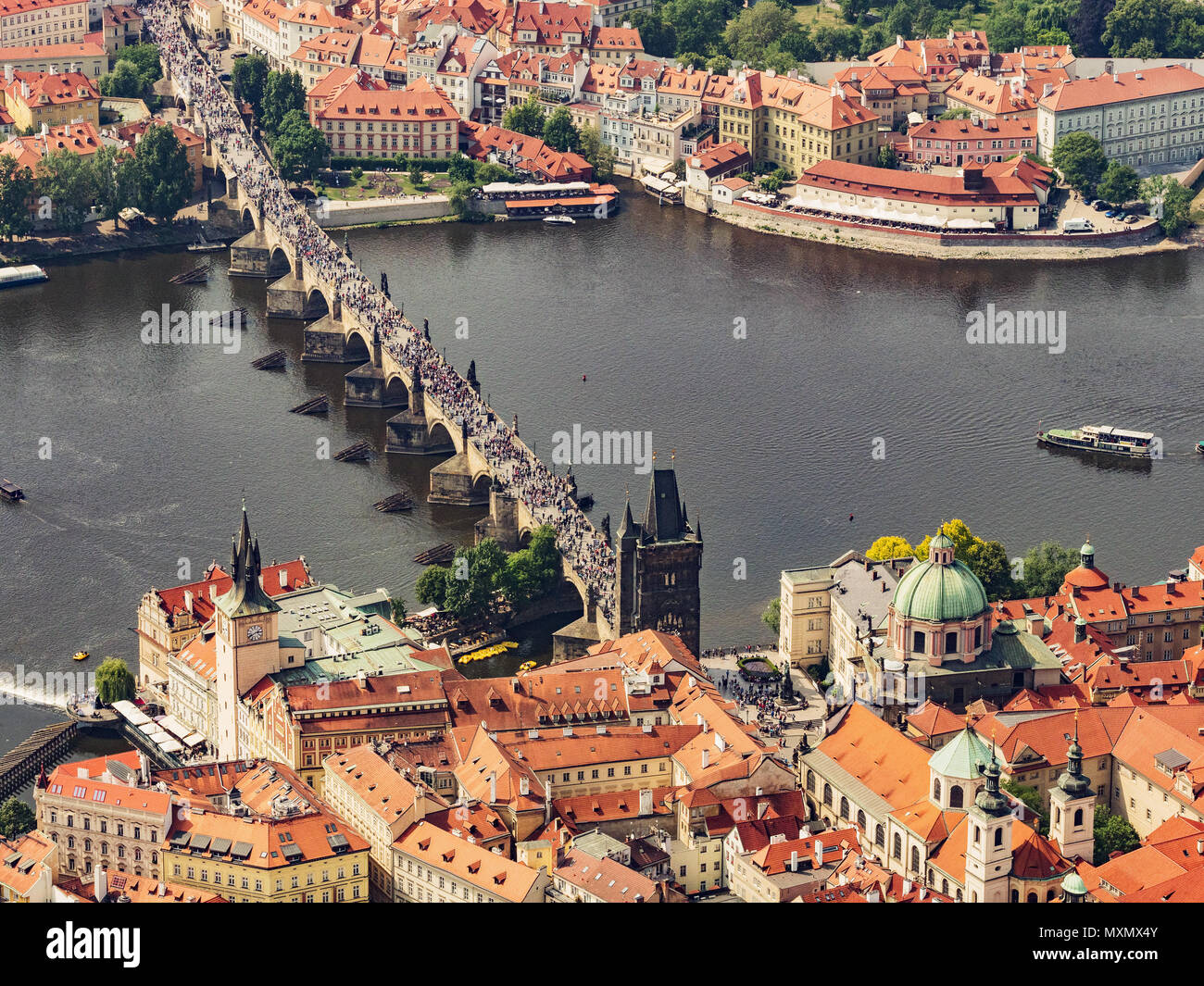 Aerial view of Charles Bridge. View from the airship to the Charles ...