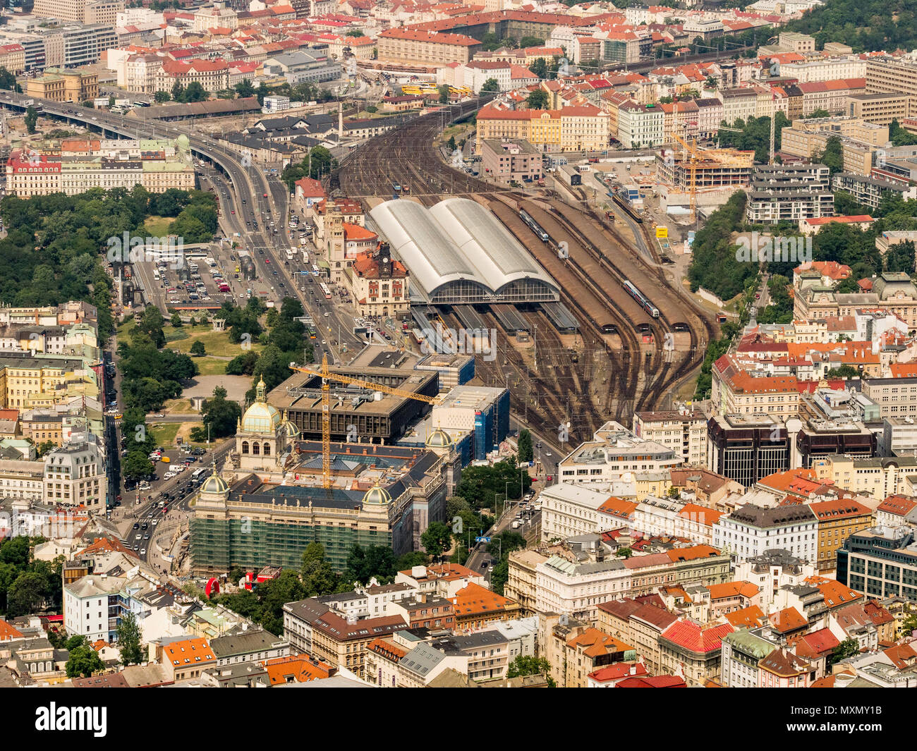 Aerial view on Prague Main Railway Station, Hlavni Nadrazi, main ...