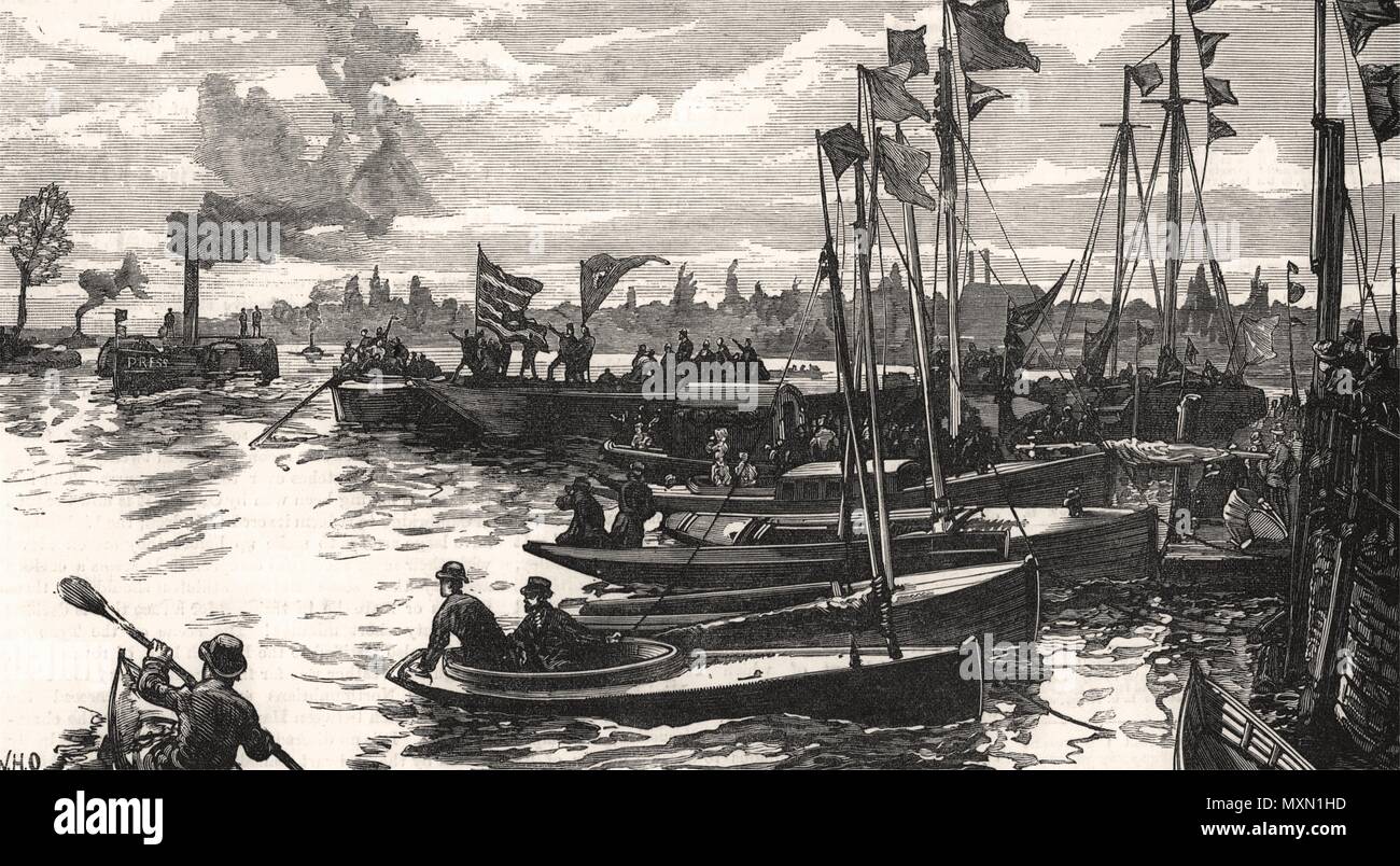 Oxford & Cambridge boat race. The press boat returning. Rowing 1882 ...