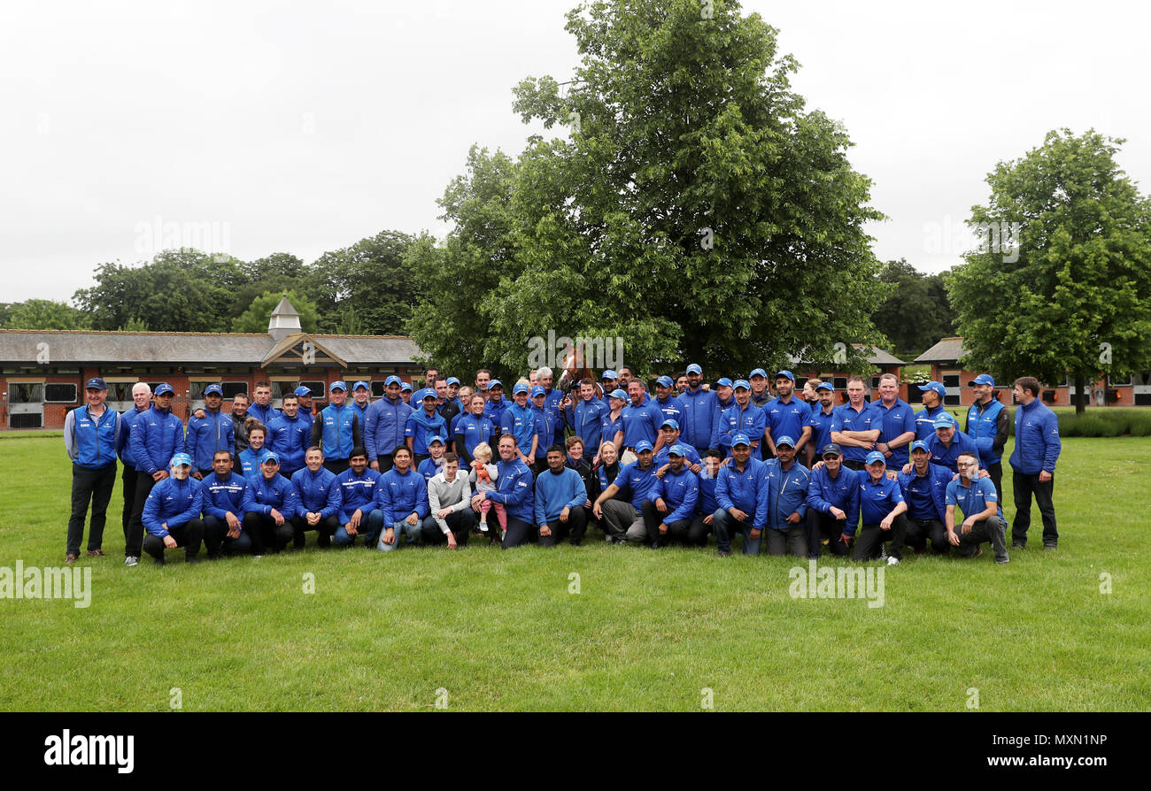 The team at Godolphin Racing pose with Masar during the homecoming ...