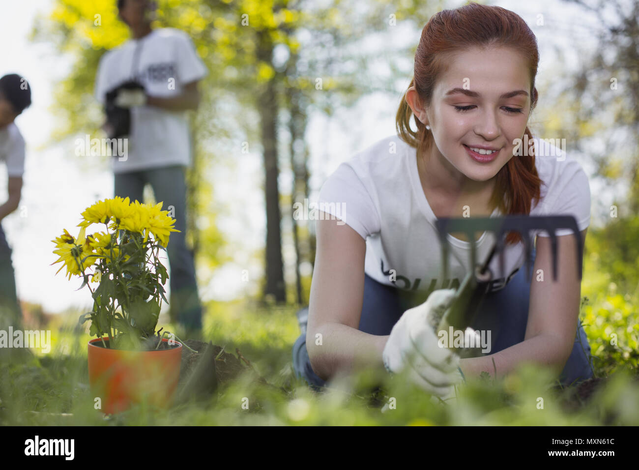 Vigorous female volunteer growing flower Stock Photo - Alamy