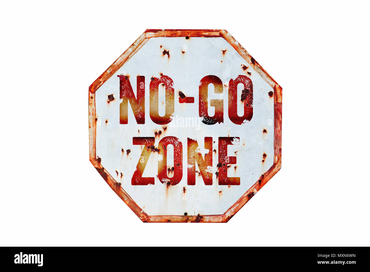 “No-Go Zone” warning sign over grungy white and red old rusty road ...