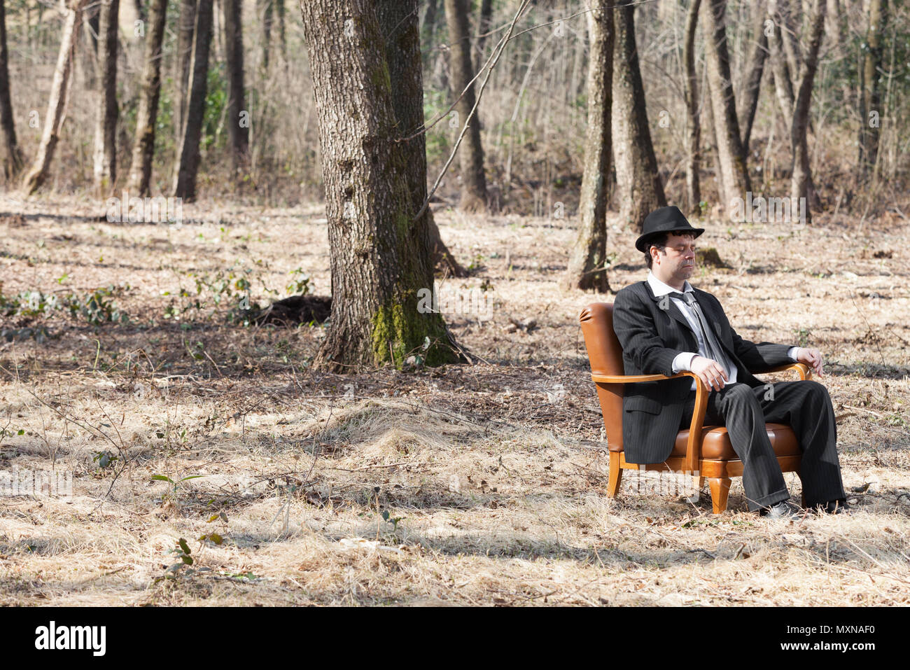 man alone in the woods sitting on a armchair, rear view Stock Photo - Alamy