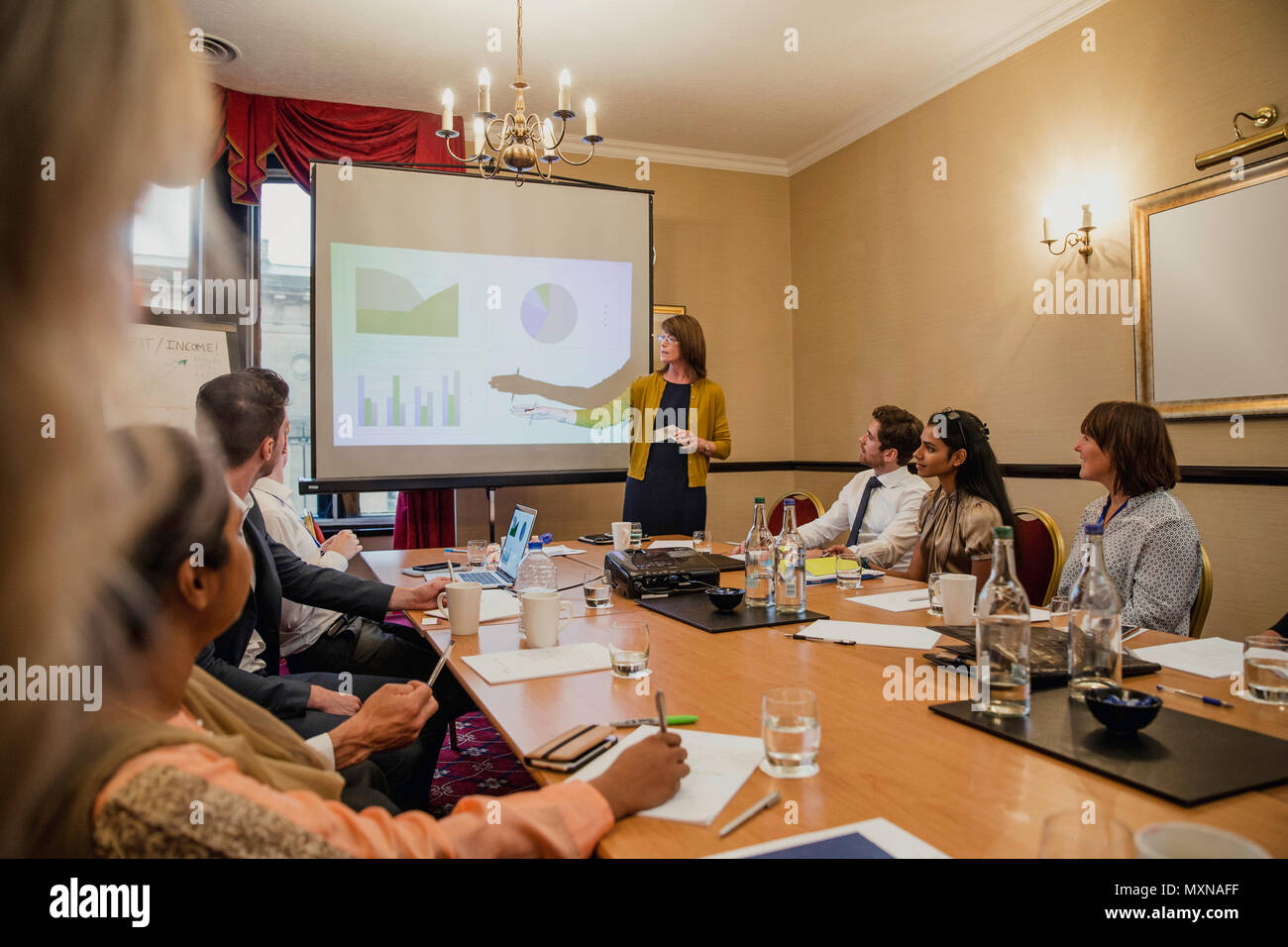 Point of view angle of a ground of business people sitting around a ...