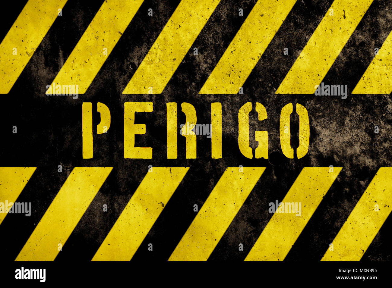 Perigo (in Portuguese language, danger) warning sign text with yellow ...