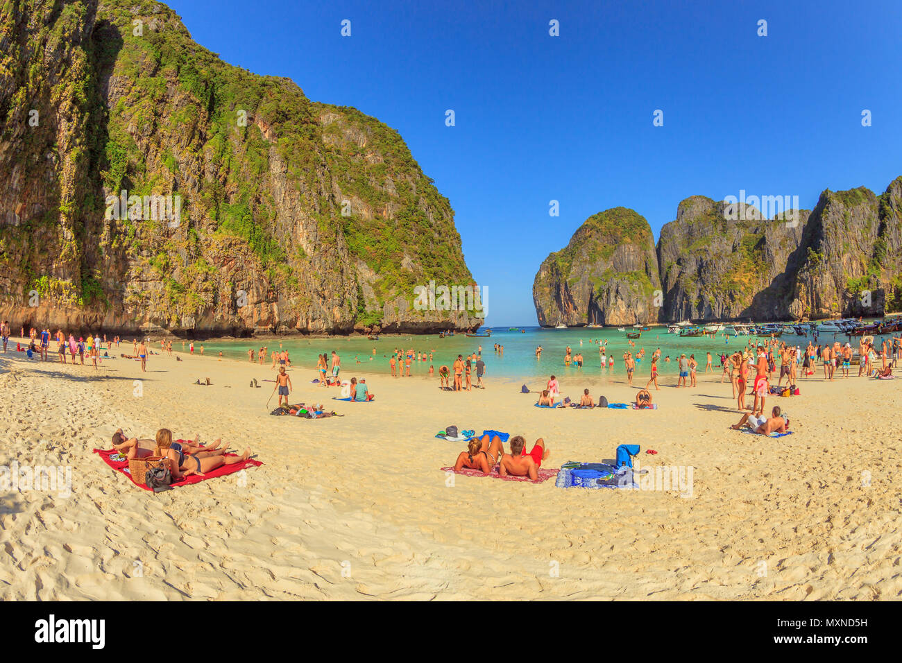 Maya Bay, Phi Phi Leh, Thailand - December 31, 2015: People sunbathing ...
