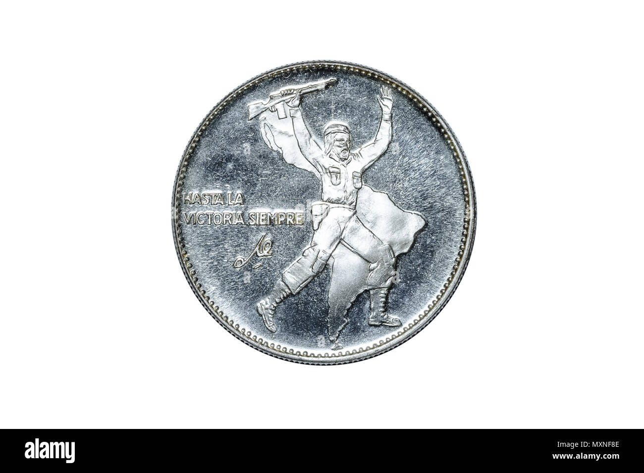 Cuban Che Guevara silver coin of Cuba. close up of the tail side, of ...