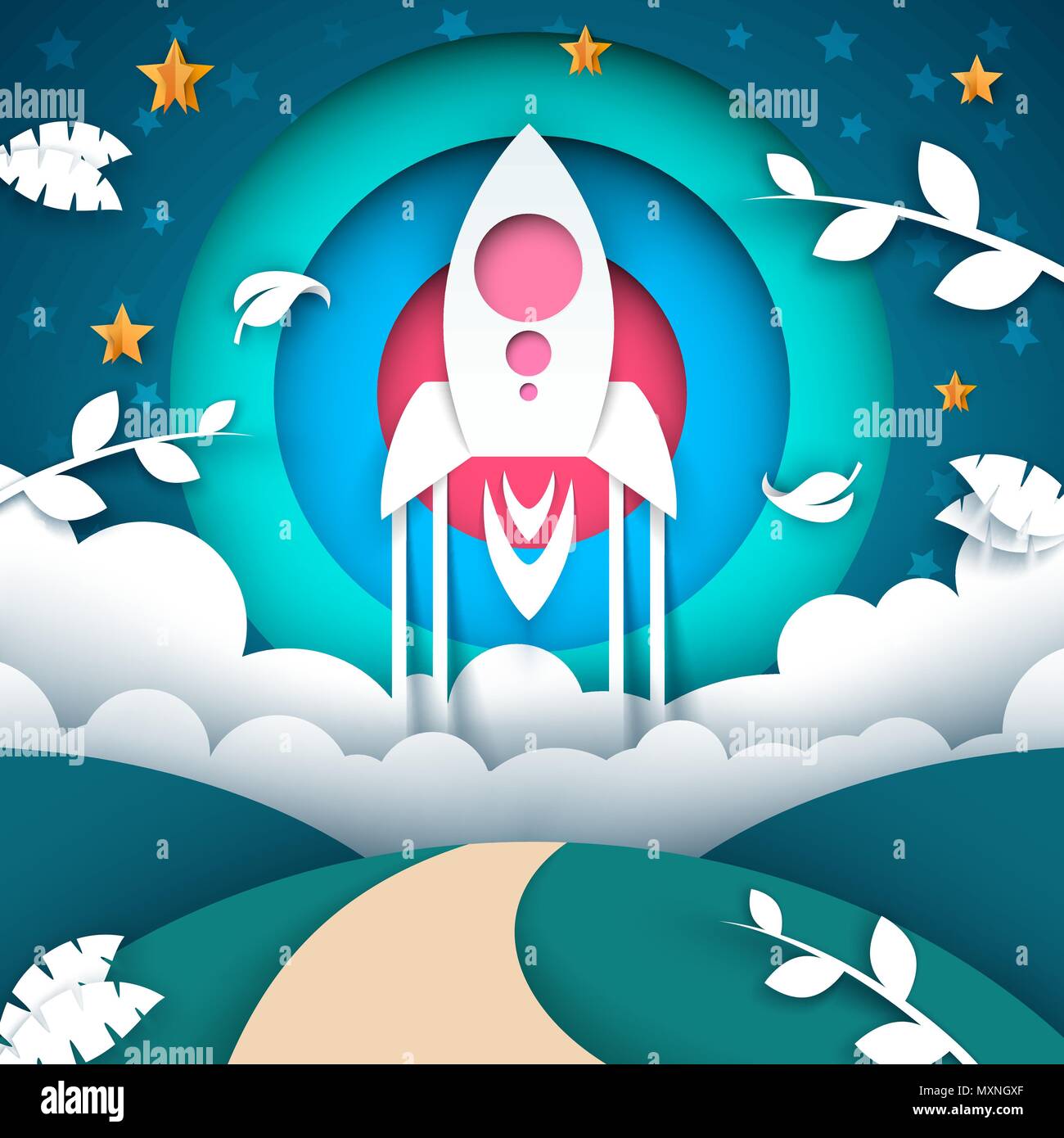 Cartoon paper landscape. Rocket origami style Stock Vector Image & Art ...