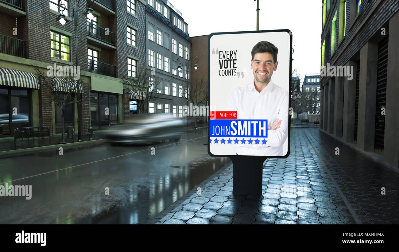 Political advertising billboard on city street at evening 3d rendering ...