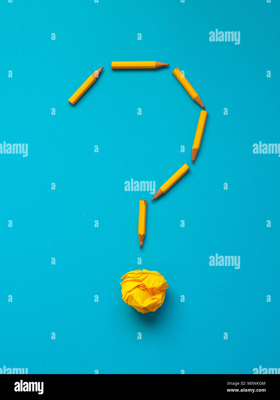 Question mark of yellow pencils with crumpled paper, creativity or ...
