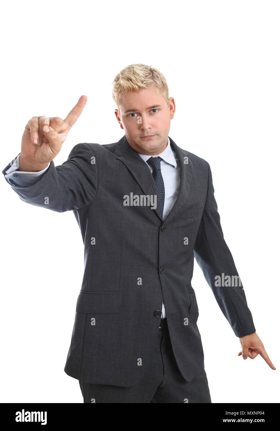 Young businessman holding up hand with one finger isolated on white ...