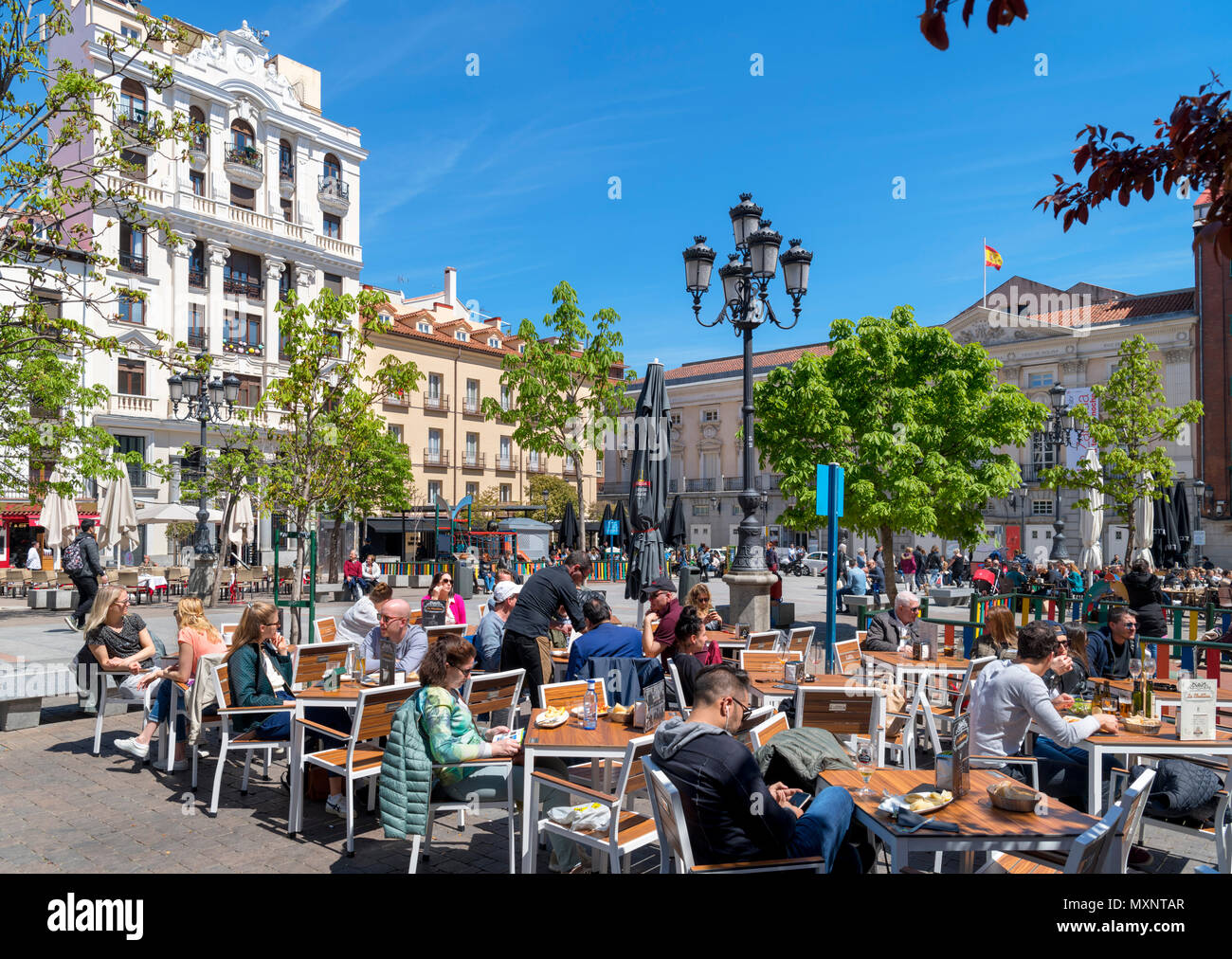 Madrid, Spain. Cafes and bars on Plaza de Santa Ana at lunchtime ...